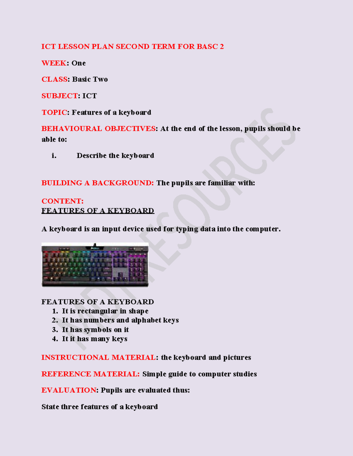 PRY 2 ICT 2nd Term Lesson Plans: Keyboard, Mouse & IT Devices - Studocu