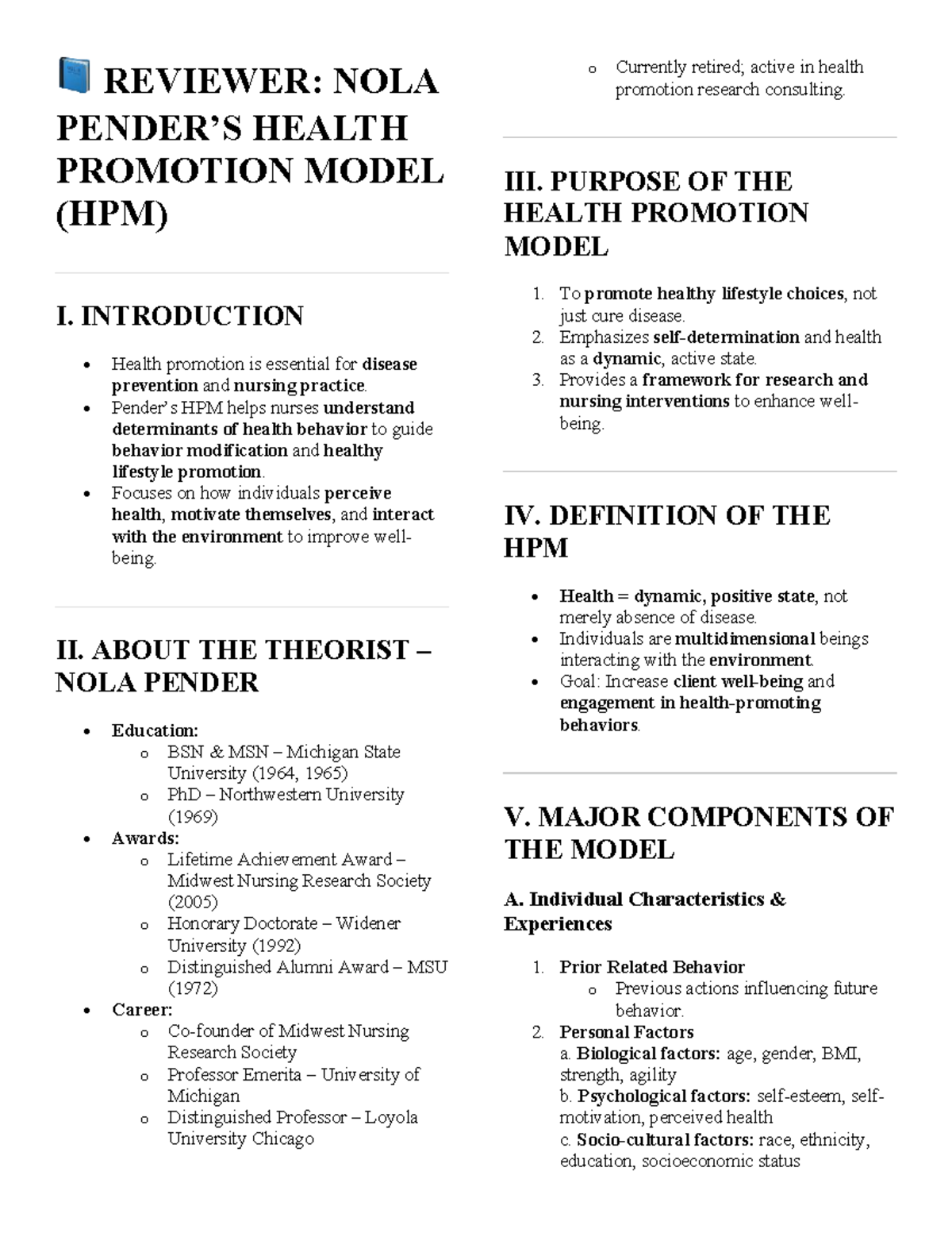 REVIEWER: NOLA HEALTH PROMOTION MODEL (HPM) Insights and Applications ...