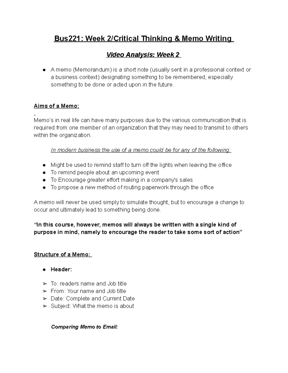 Bus221 Week 2 Memo Writing & Critical Thinking Insights - Studocu