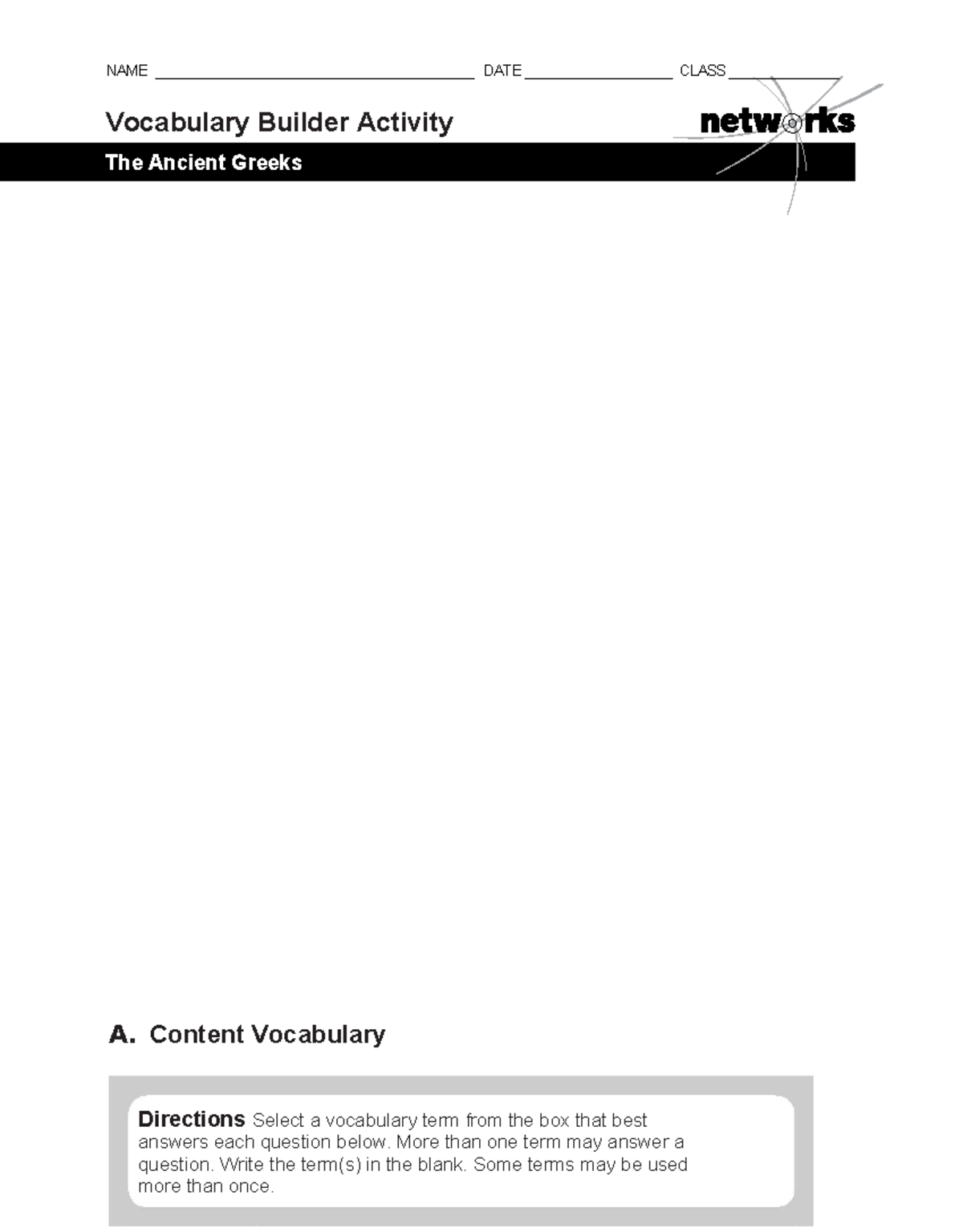 Vocabulary Builder Activity The Ancient Greeks Editable Version ...