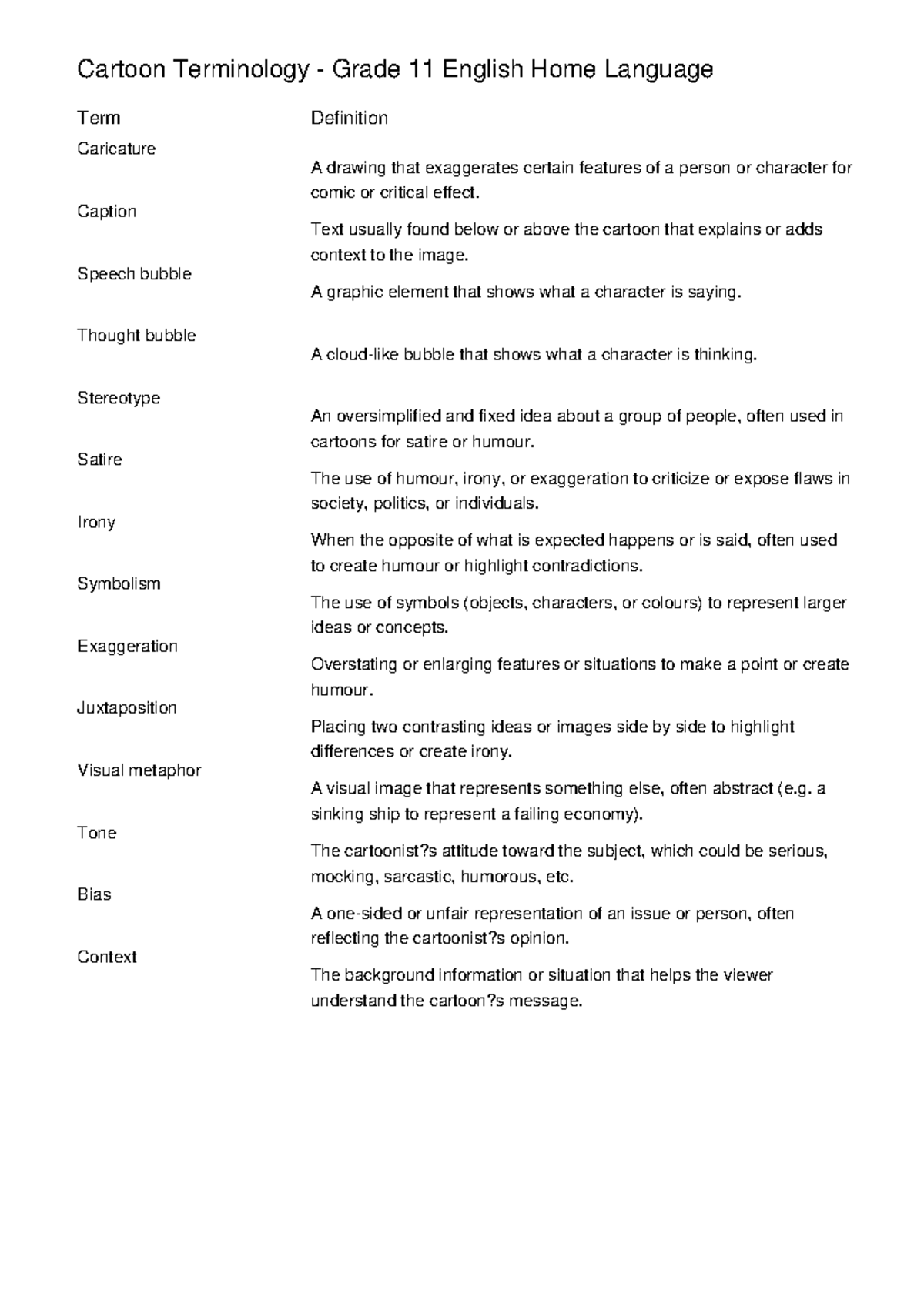 Grade 11 English: Cartoon Terminology Handout - Studocu