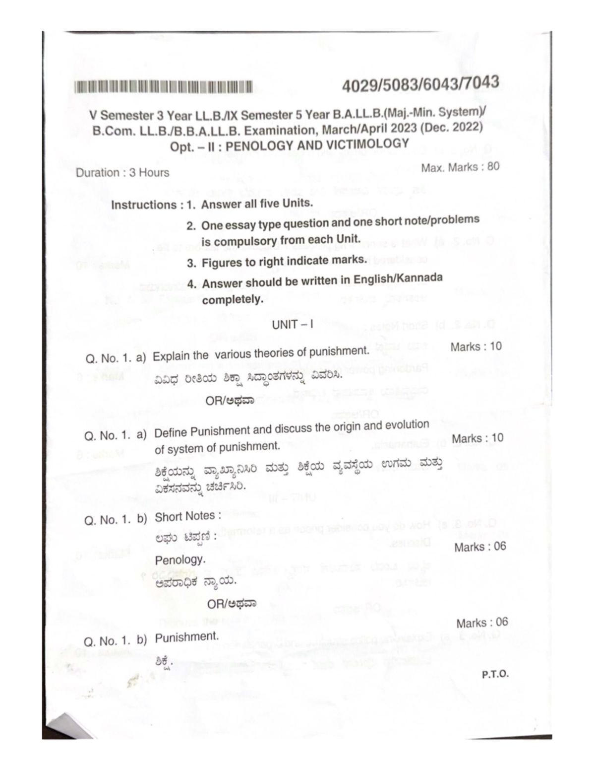 B.Com V Sem Exam 2023: Penology & Victimology QP - Studocu
