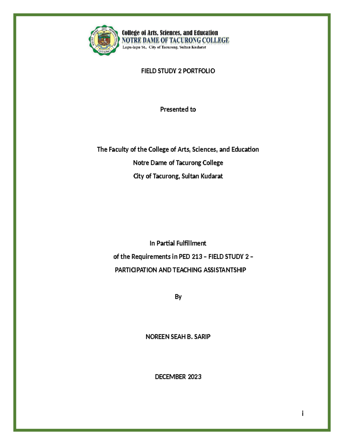 PED 213 - Field Study 2 Portfolio Final Document for Noreen Seah B ...