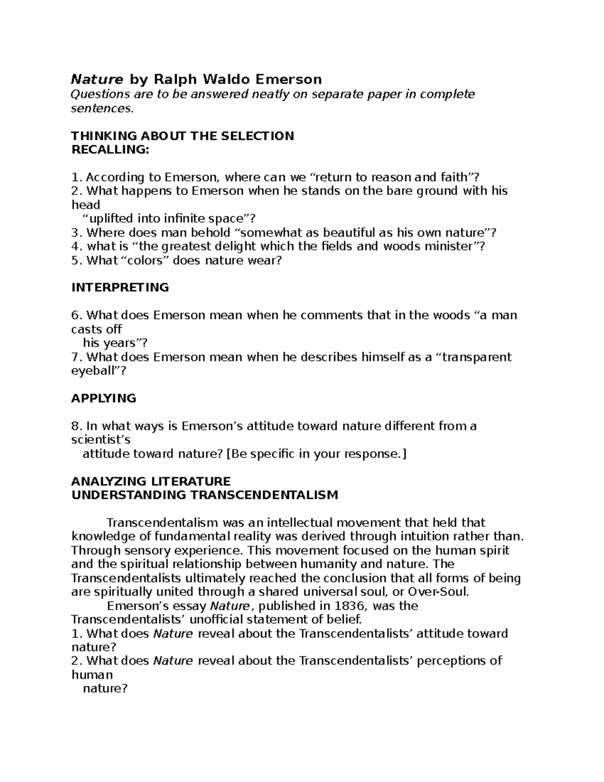 Nature by Ralph Waldo Emerson: Study Questions & Analysis Guide - Studocu