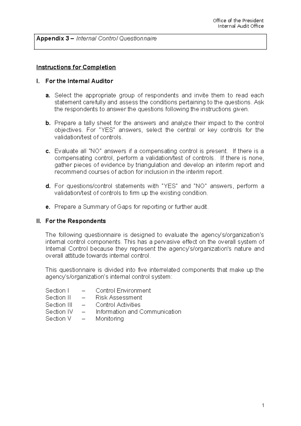 Internal Control Questionnaire (ICQ) - Sample & Guidelines for Audit ...
