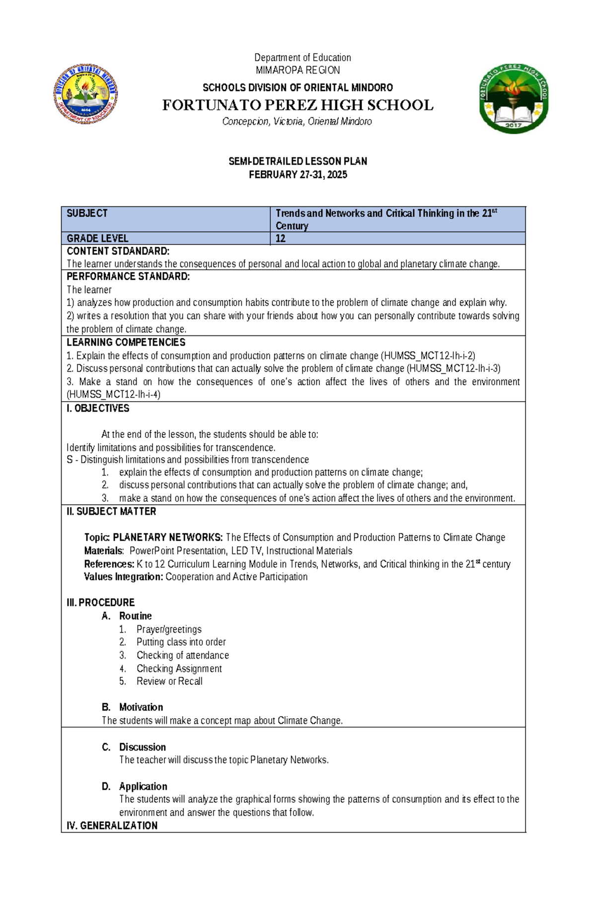 HUMSS 1Q TNCT Lesson Plan Week 7: Planetary Networks & Climate Change ...
