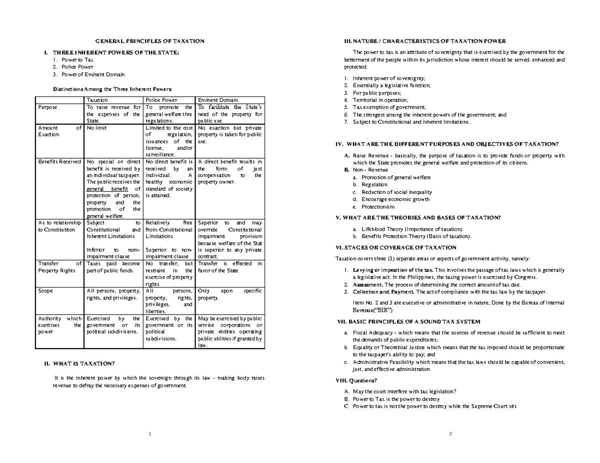 Taxation Principles and Inherent Powers: A Comprehensive Overview - Studocu