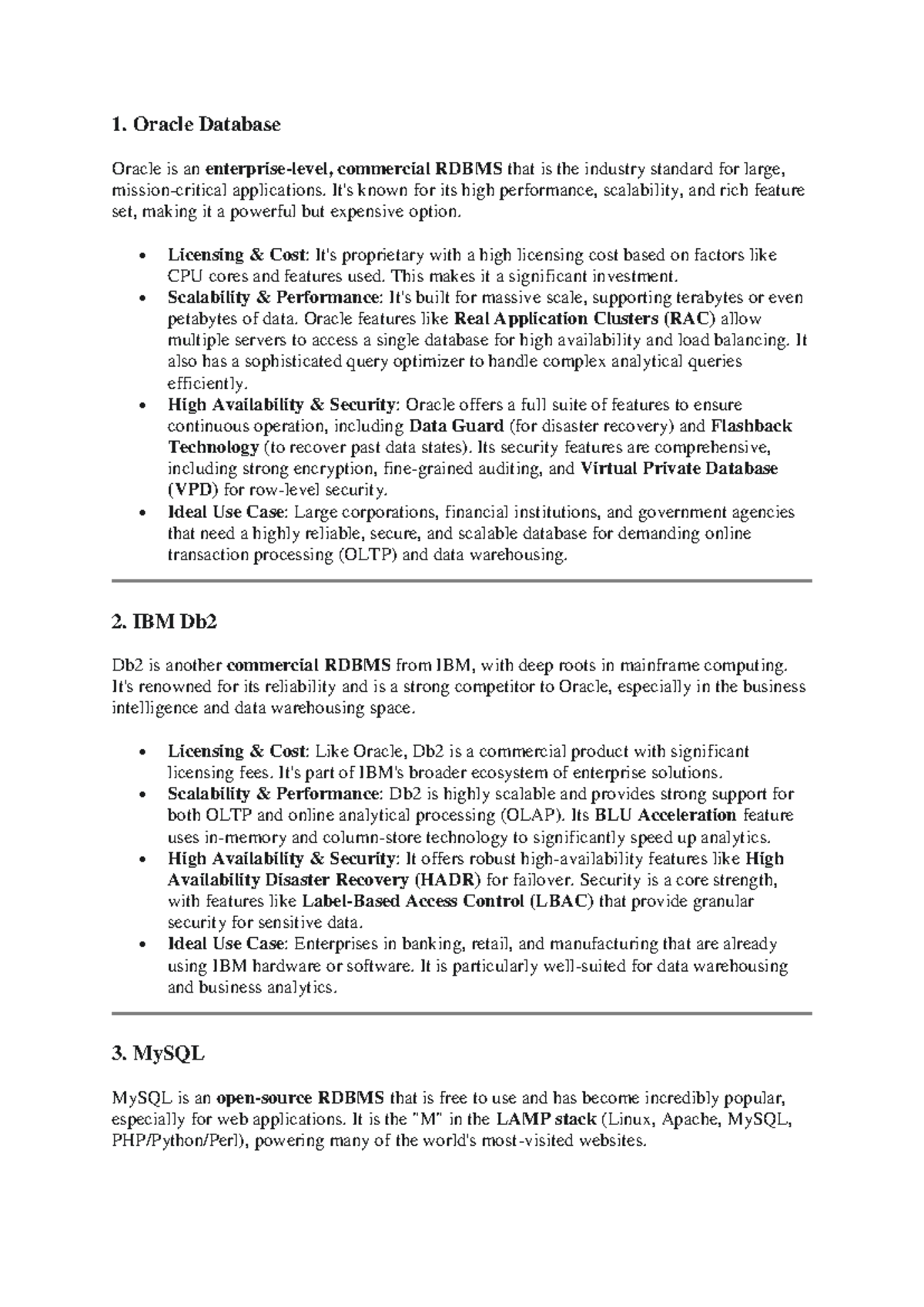 DBMS2: Comparative Analysis of Oracle, IBM Db2, and MySQL - Studocu