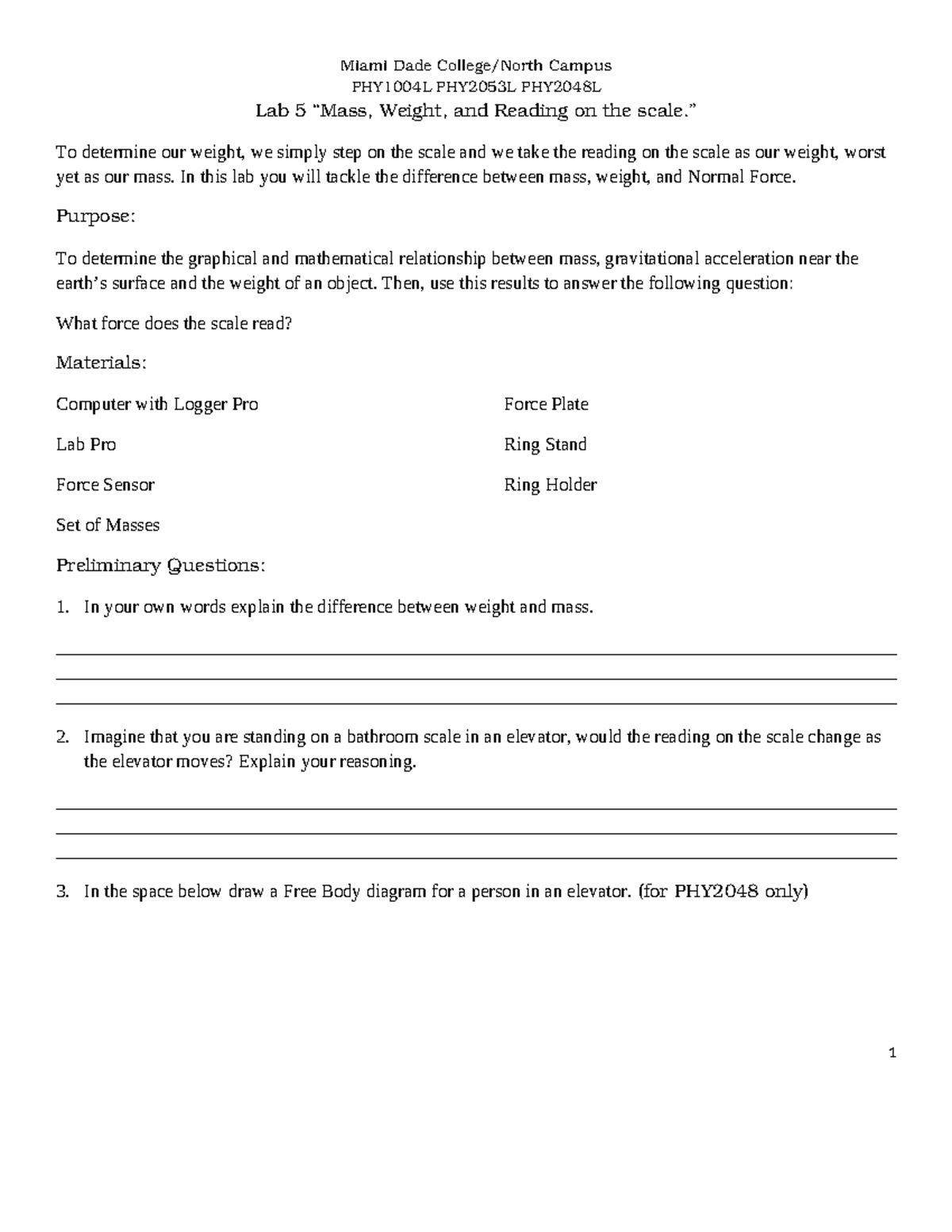 3-3 Lab 3 Mass, Weight and Reading on the Scale - PHY1004L PHY2053L ...