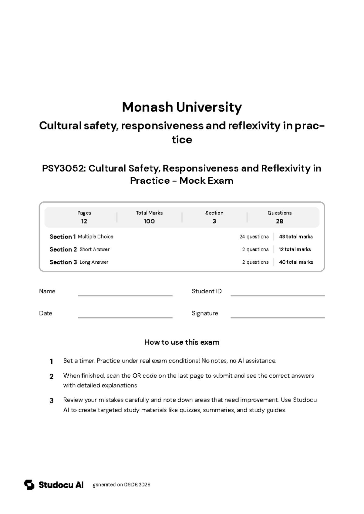 PSY3052: Cultural Safety Mock Exam - Studocu