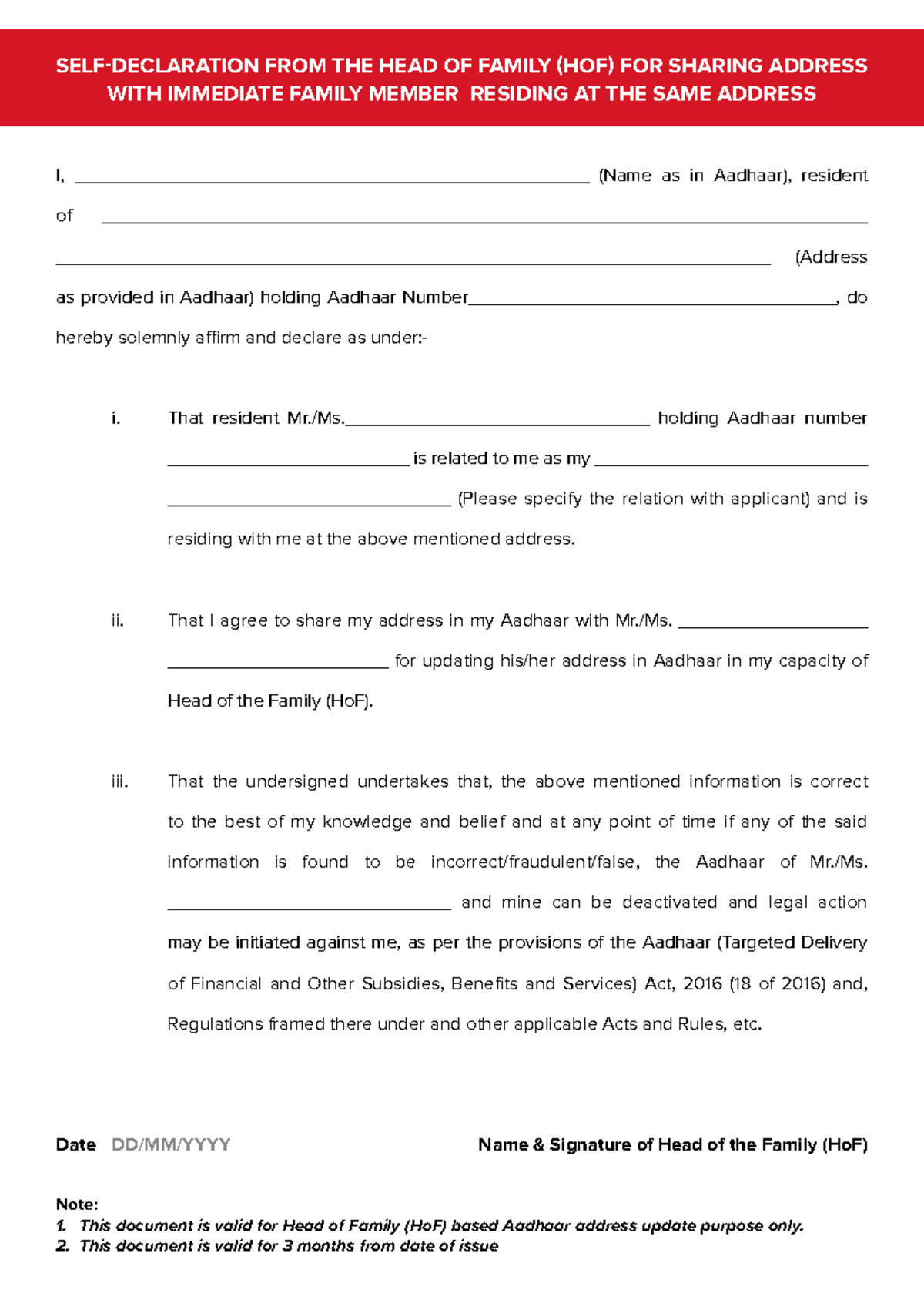 Self-Declaration Form for Aadhaar Address Update by HoF - Studocu