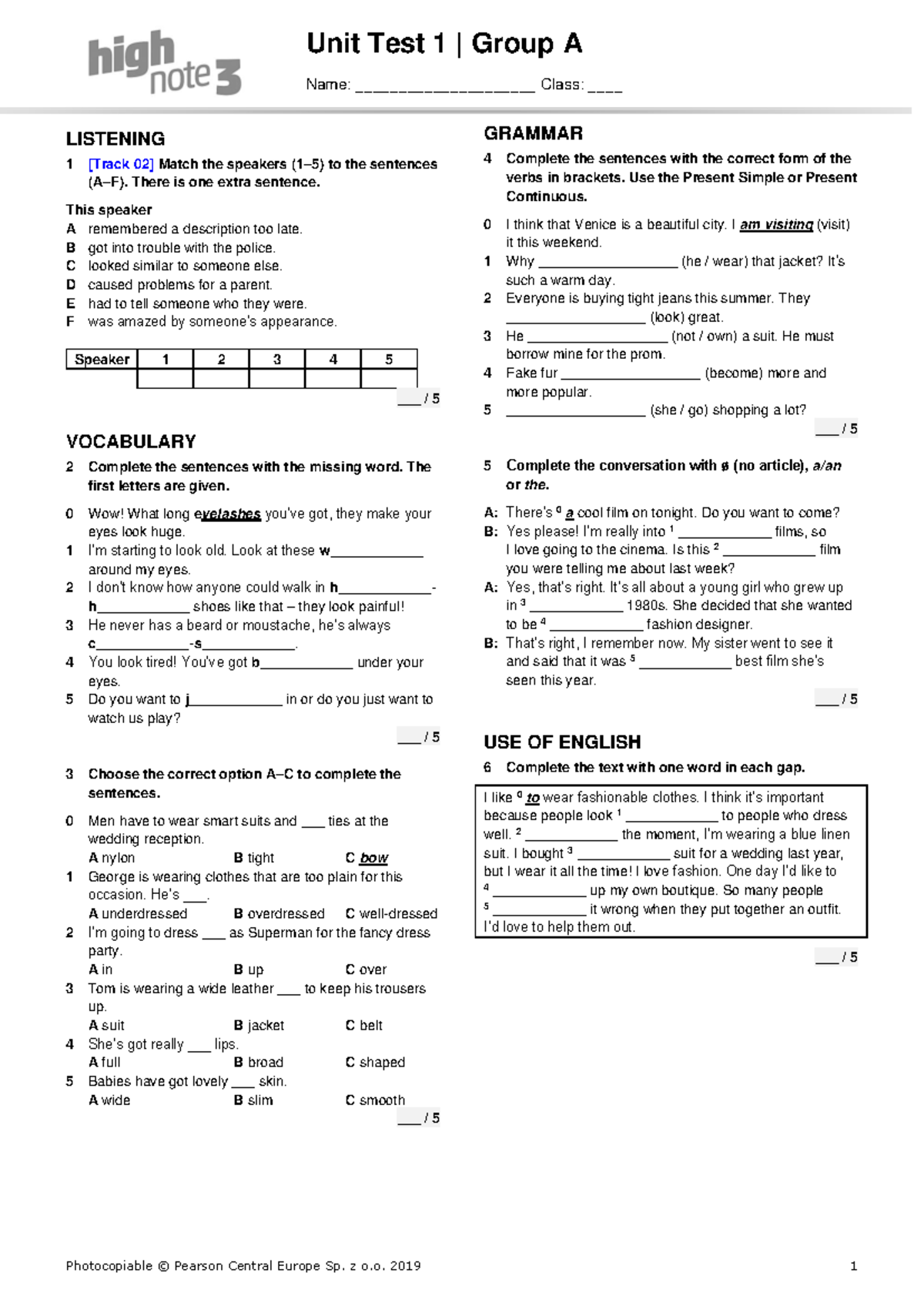 High Note 3 U1 Test A - Unit 1 Assessment for Group A - Studocu