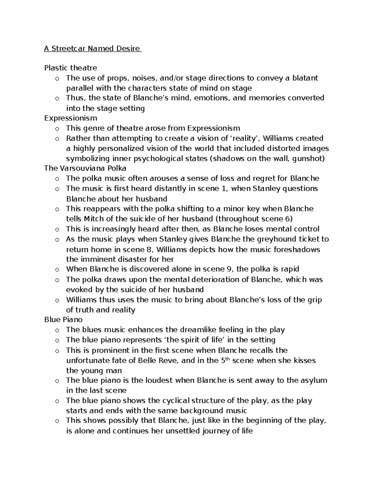 Streetcar Named Desire: Revision Notes on Themes & Music Elements - Studocu