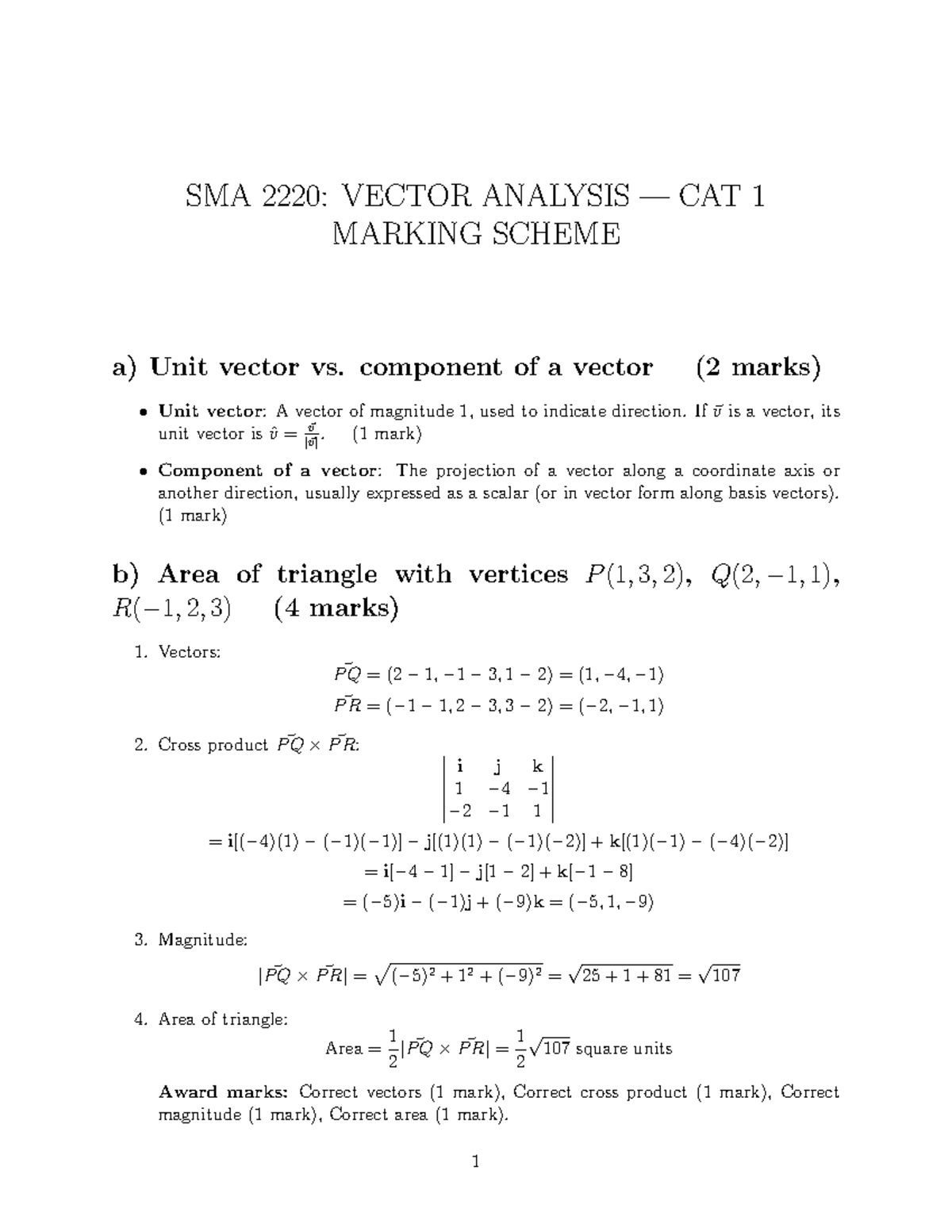 SMA VECTOR ANALYSIS CAT 1 MARKING SCHEME - Studocu