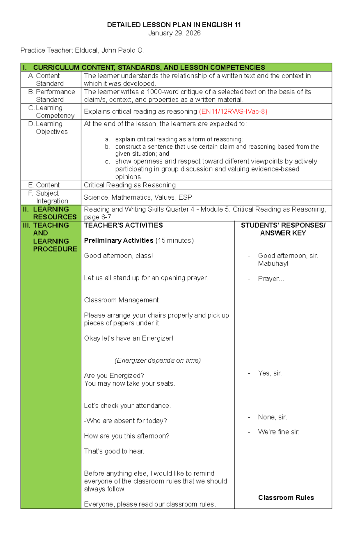 DLP RWS 11: Detailed Lesson Plan on Critical Reading Skills - Studocu