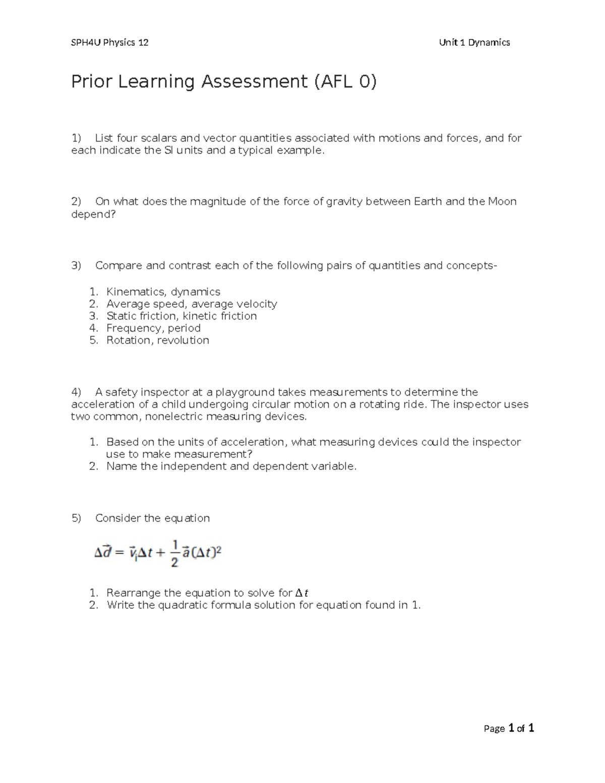 SPH4U Physics 12 Unit 1 Dynamics Prior Learning Assessment Guide - Studocu