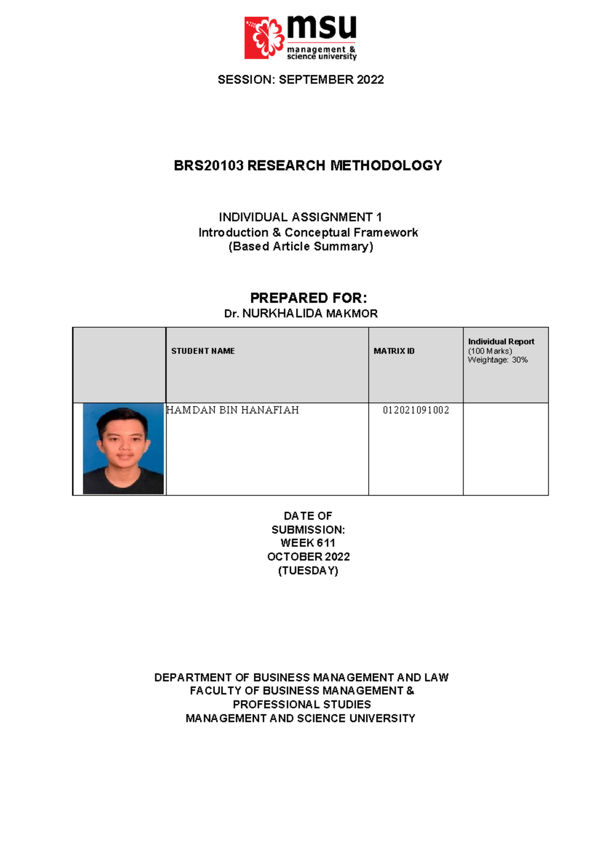 BRS20103 Research Methods Individual Assignment: Conceptual Framework - Studocu