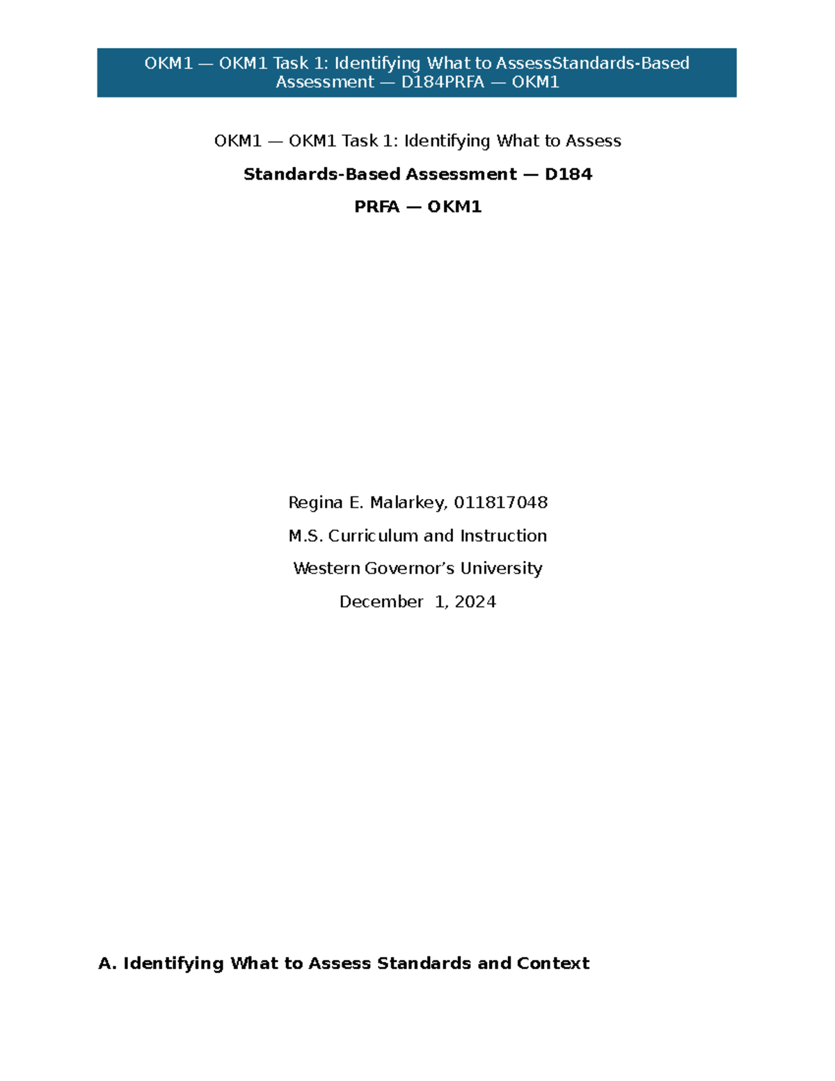 OKM1 Task 1: Identifying Assessment Standards for 4th Grade Math - Studocu