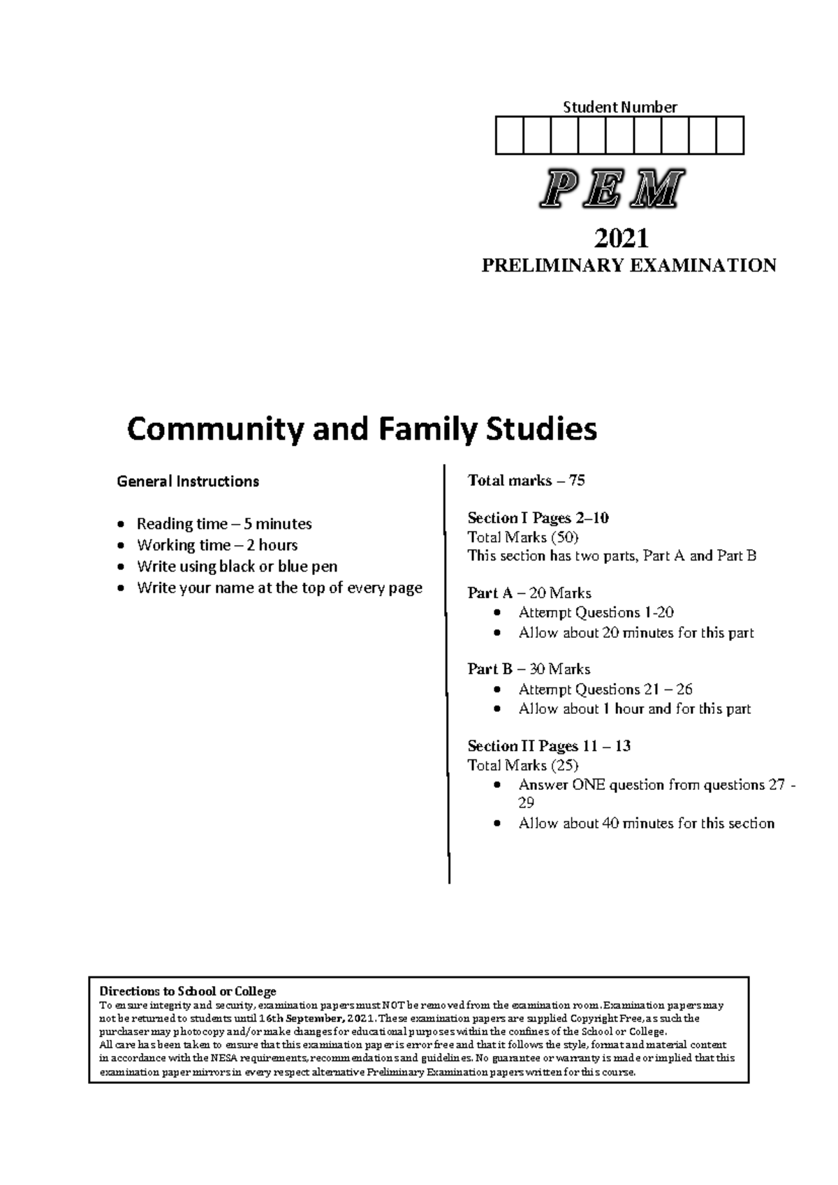 PEM 2021 CAFS Preliminary Exam Paper - Community and Family Studies ...
