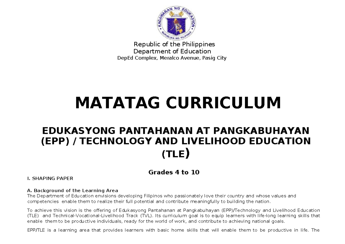 1. Matatag-EPP/TLE Curriculum for Grades 4-10: Overview and Insights ...