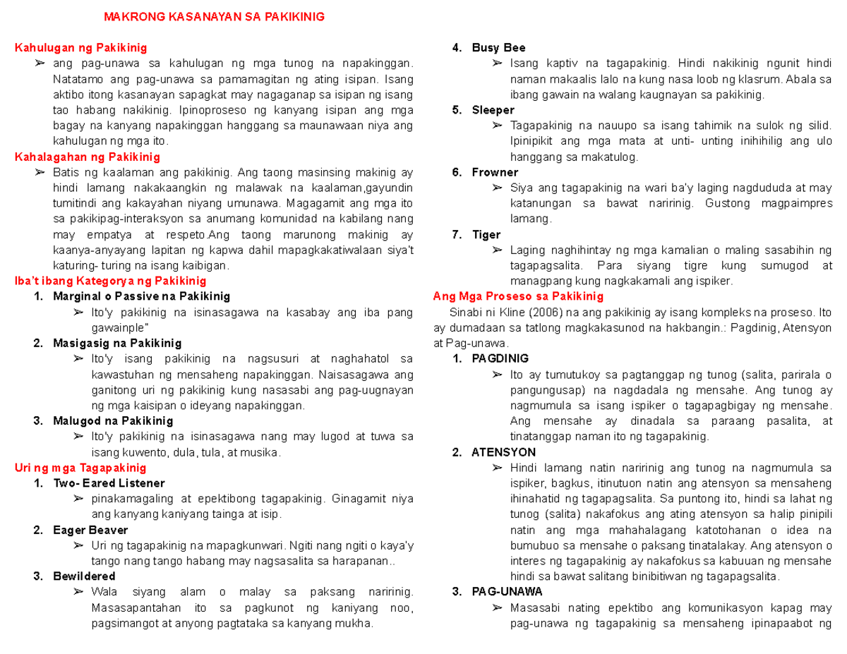 FIL 6 Reviewer - MAKRONG KASANAYAN SA PAKIKINIG Kahulugan ng Pakikinig ...