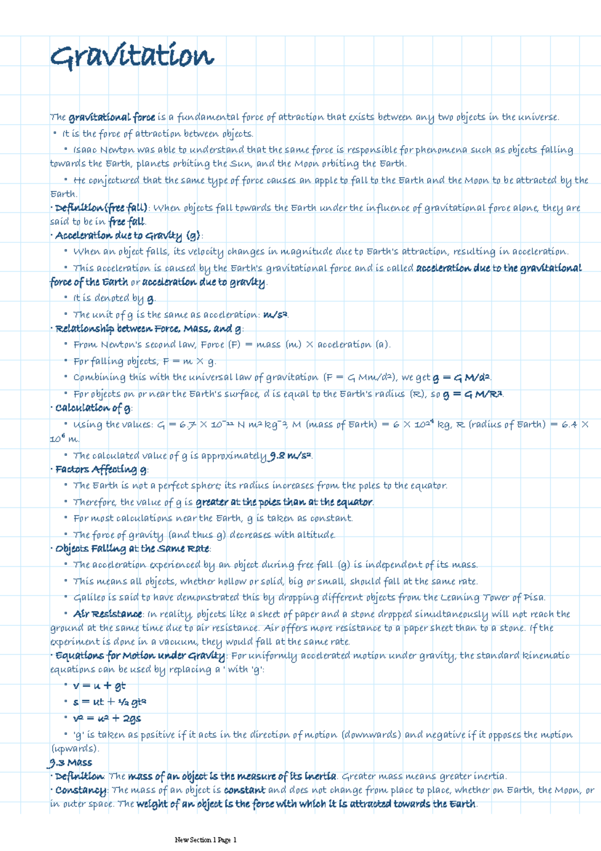 Gravitation Class 9 Notes: Understanding Forces and Motion - Studocu
