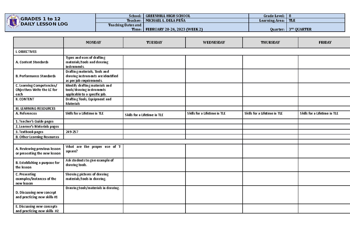 DLL TLE8 Q3 w2 - tle - GRADES 1 to 12 DAILY LESSON LOG School: GREENHILL HIGH SCHOOL Grade Level ...