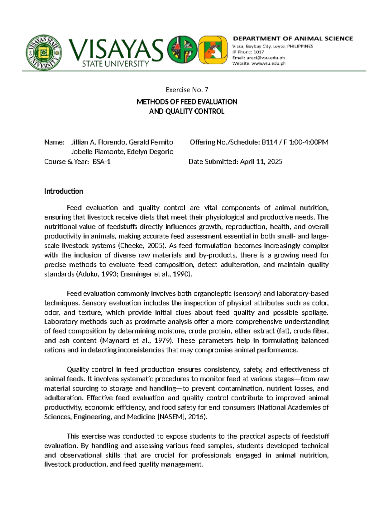 Methods of feed evaluation and quality control - B114 F lab guide - Studocu
