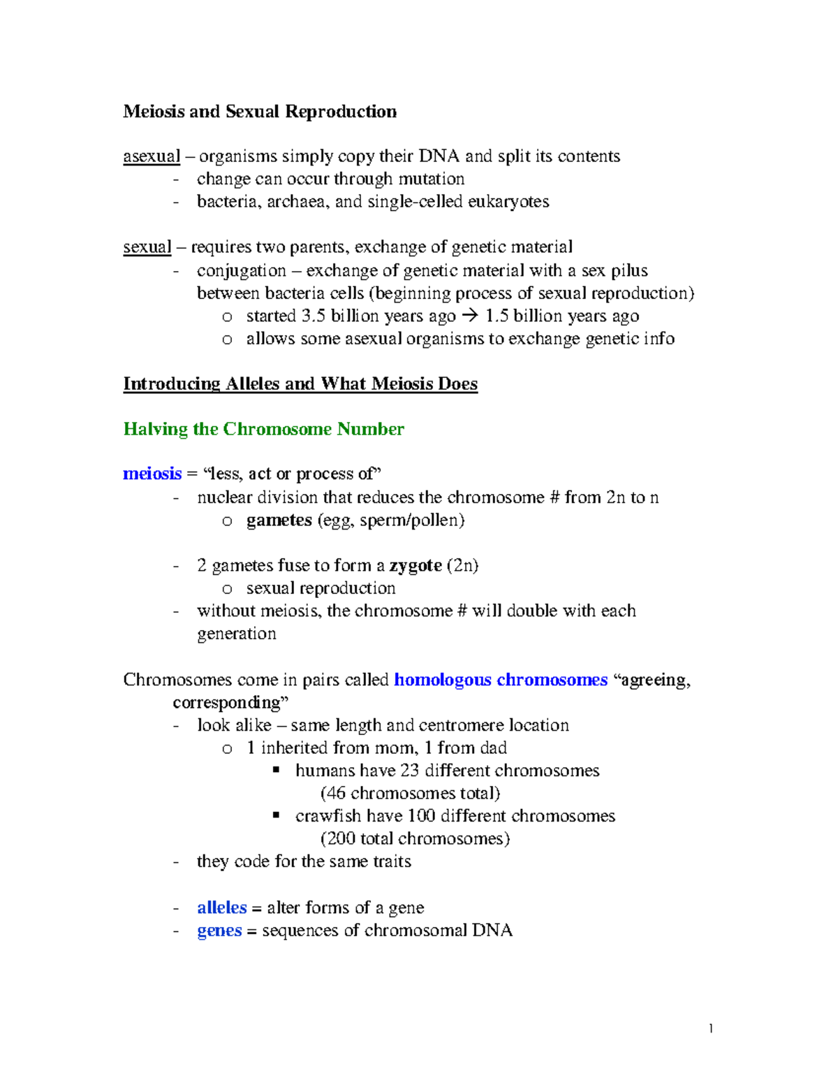 Meiosis Overview and Genetic Variation Notes (Biology 101) - Meiosis ...