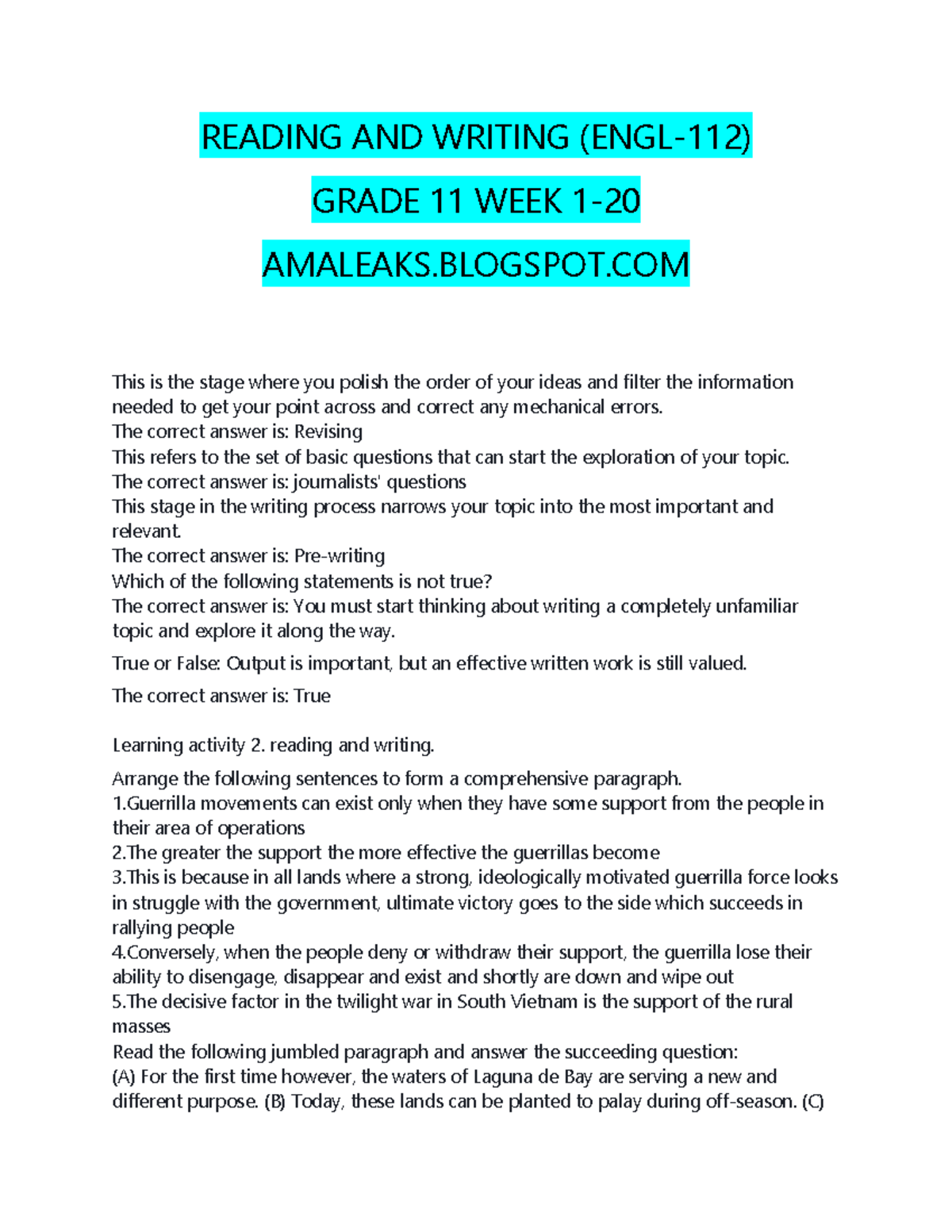 Reading & Writing G11: Week 1-20 Study Guide and Activities - Studocu