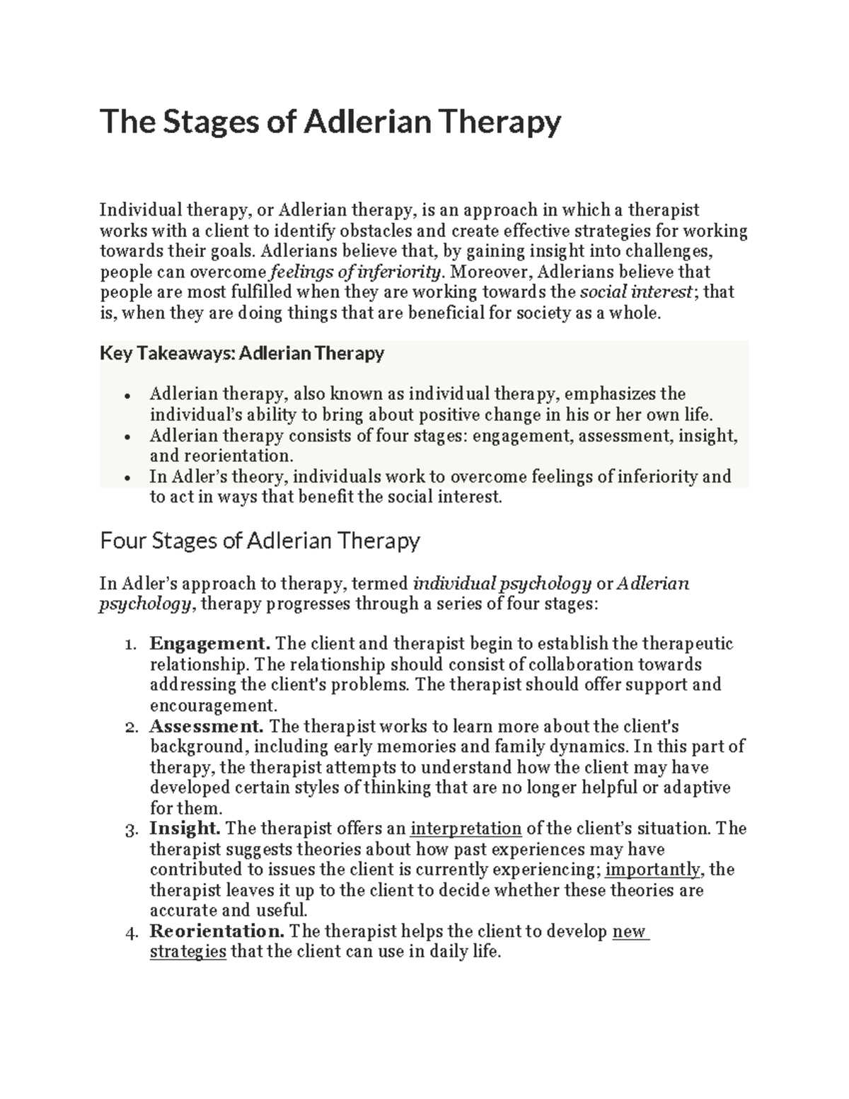 Adlerian theory - The Stages of Adlerian Therapy Individual therapy, or ...