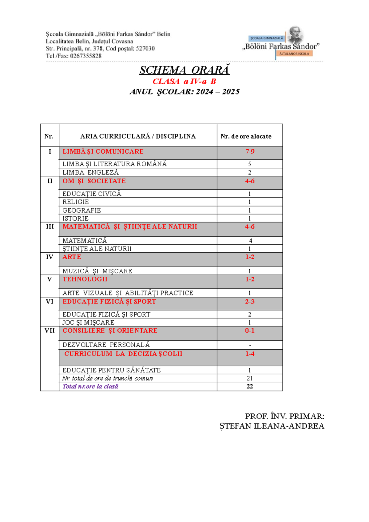 Schema Orară - Clasa a IV-a B - Anul Școlar 2024 - Studocu