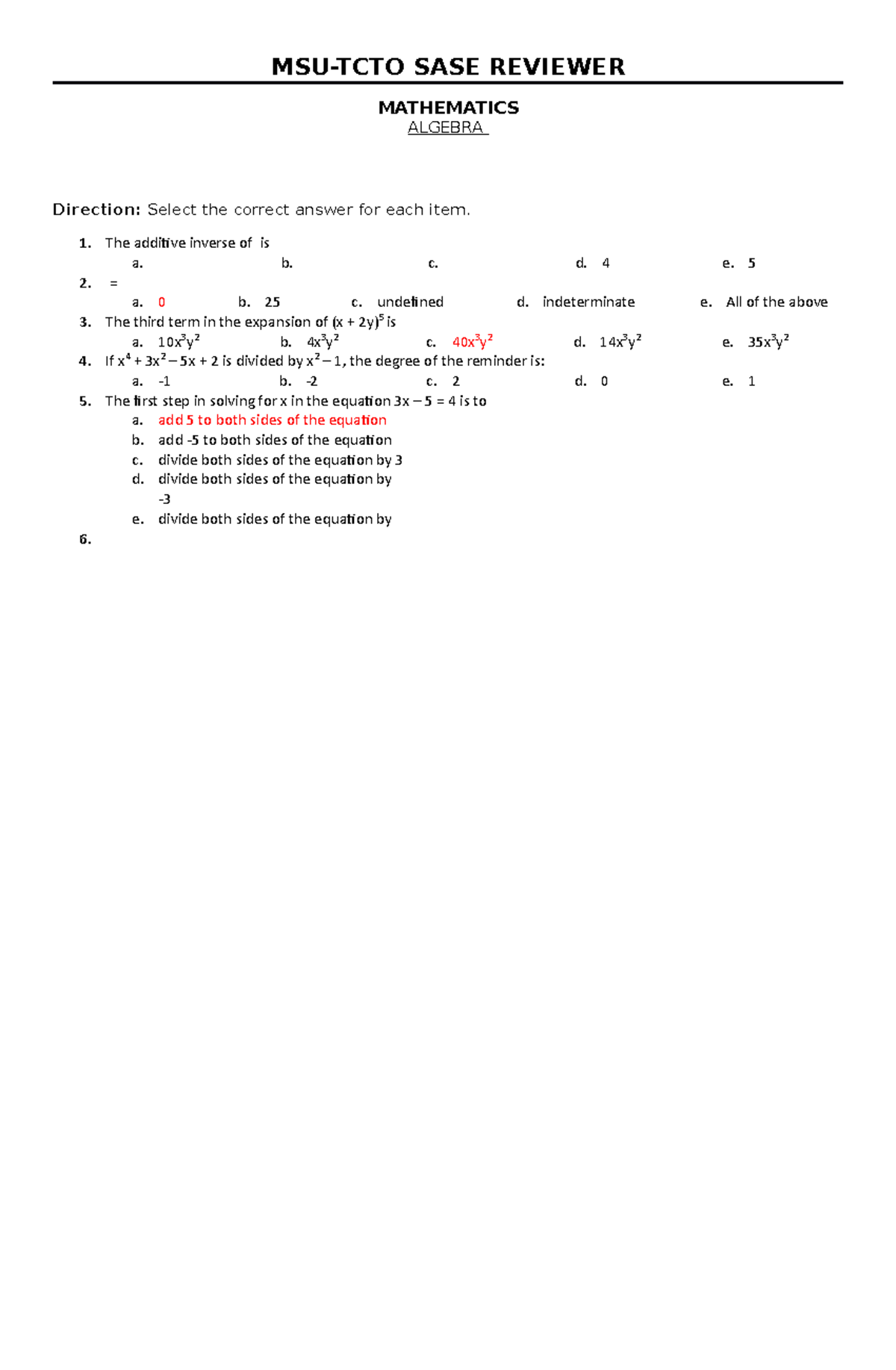 SASE Mathematics Reviewer - Algebra & Arithmetic Sections - Studocu