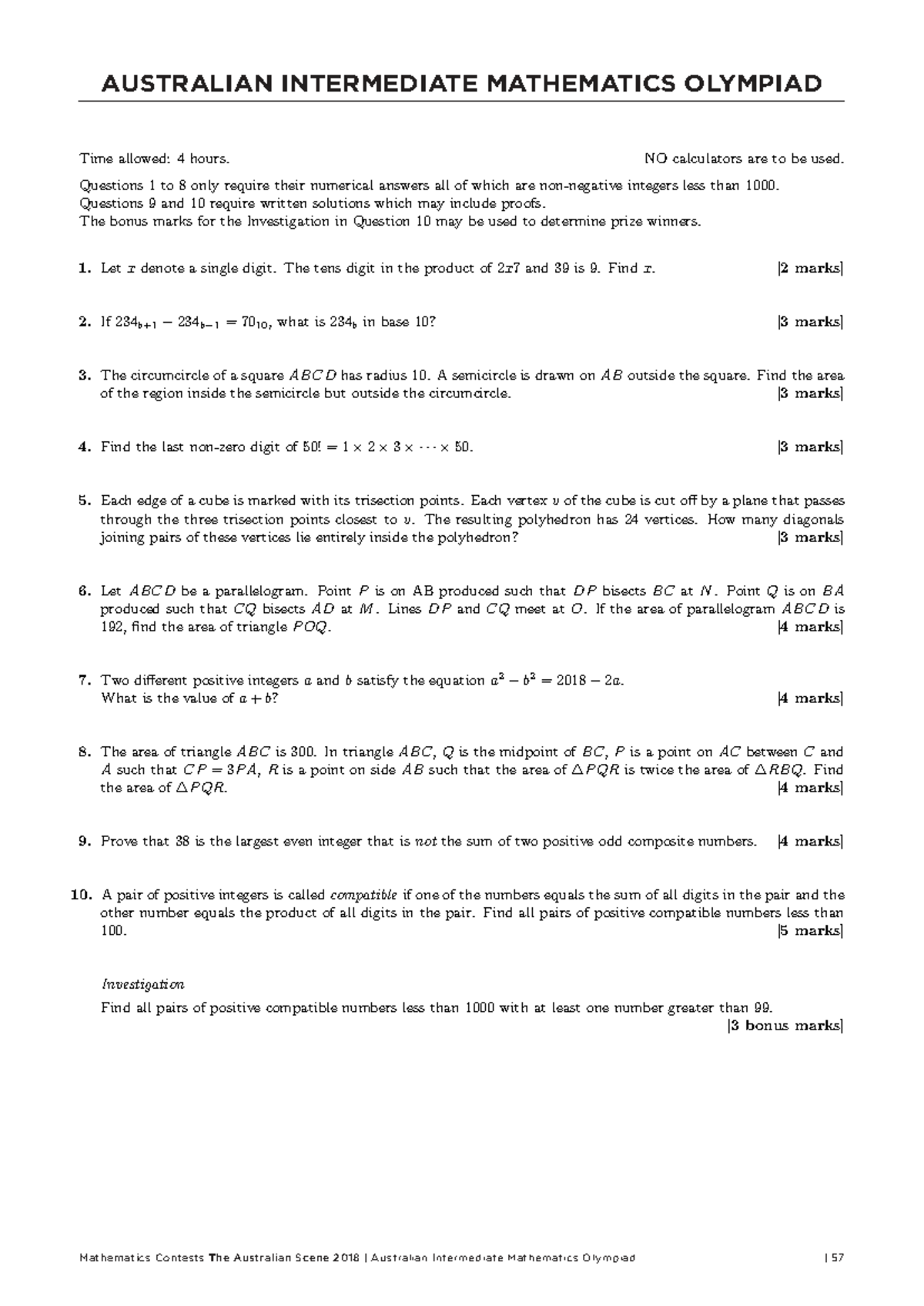 2018 AIMO - Australian Intermediate Mathematics Olympiad Questions ...