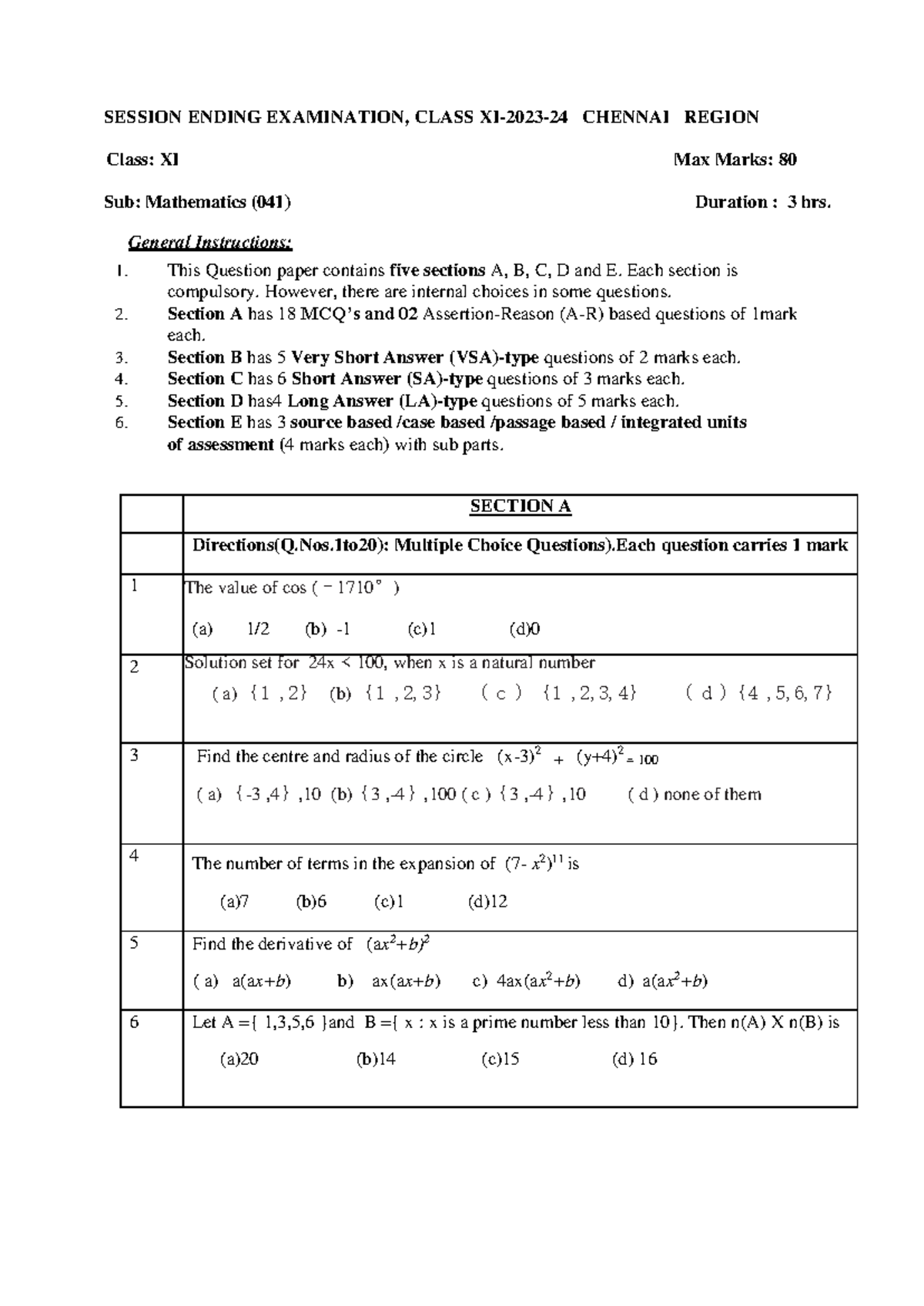Mathematics Class XI Final Exam Paper (041) - Chennai Region - Studocu