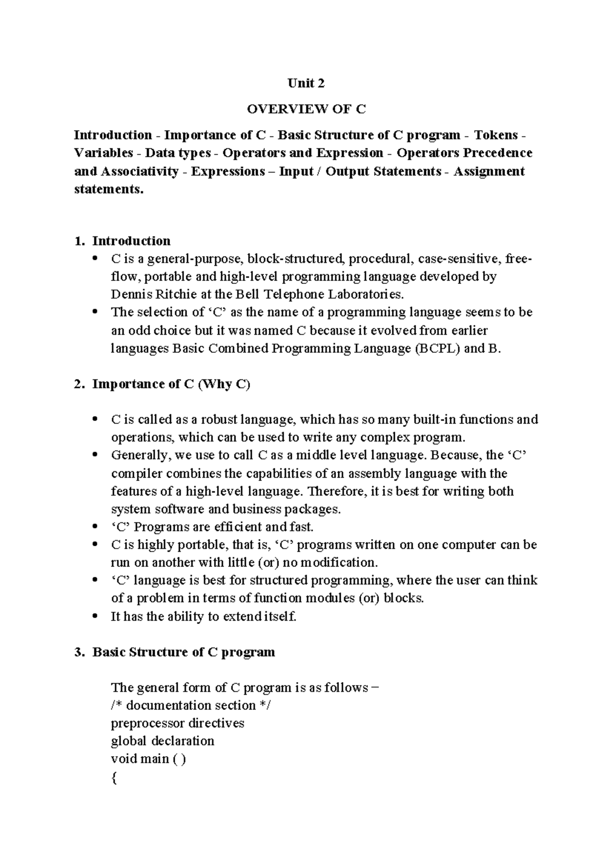 Unit 2 Overview of C Programming: Importance, Structure & Operators ...