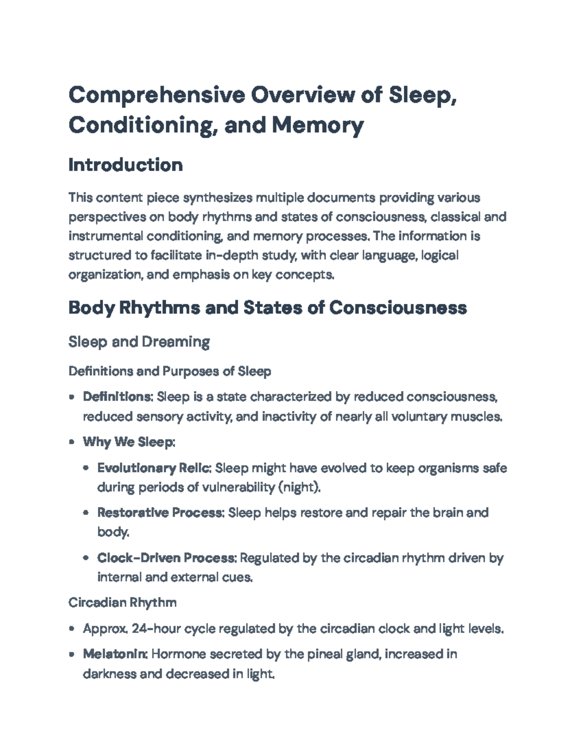 Comprehensive Overview of Sleep, Conditioning, and Memory Processes ...