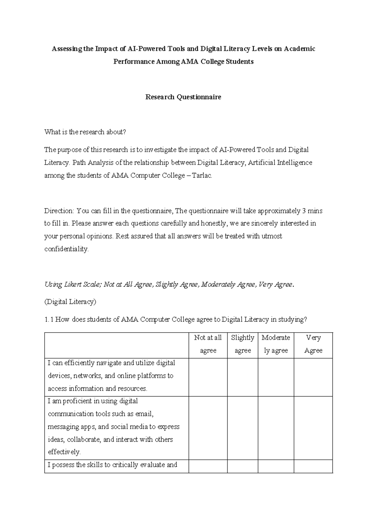 AMA College Research Questionnaire: Impact of AI Tools on Digital ...