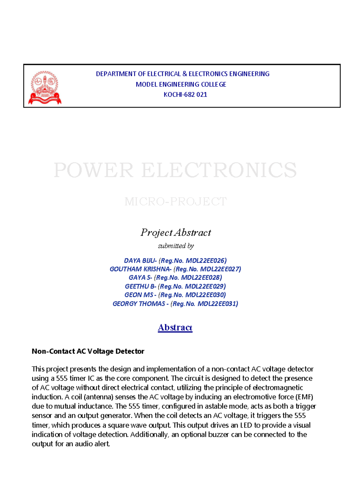 Abstract PE 1 - Non-Contact AC Voltage Detector Project Report - Studocu