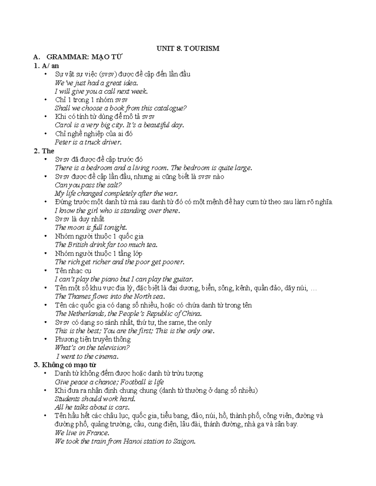 ELCA 100: Unit 8 - Tourism Grammar and Practice Notes - Studocu