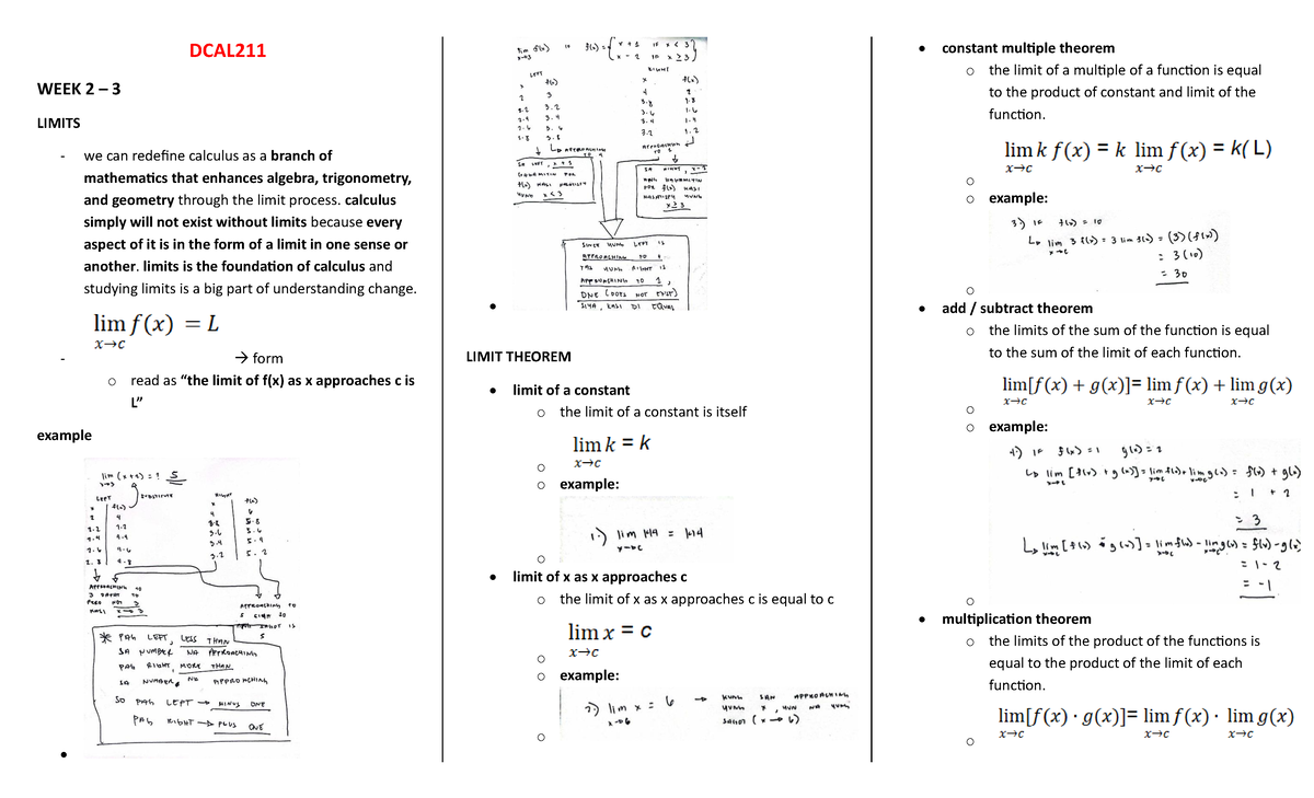 DCAL211 - Prelim Reviewer on Limits and Limit Theorems - Studocu