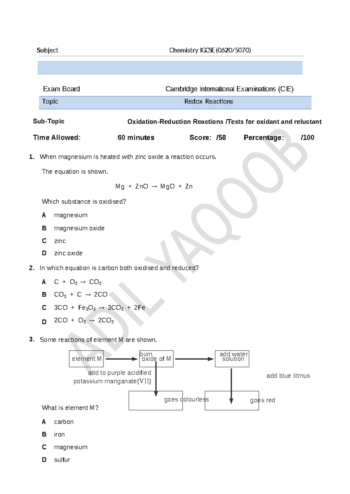 Redox Reactions in Chemistry IGCSE CIE: Exam Preparation Guide - Studocu