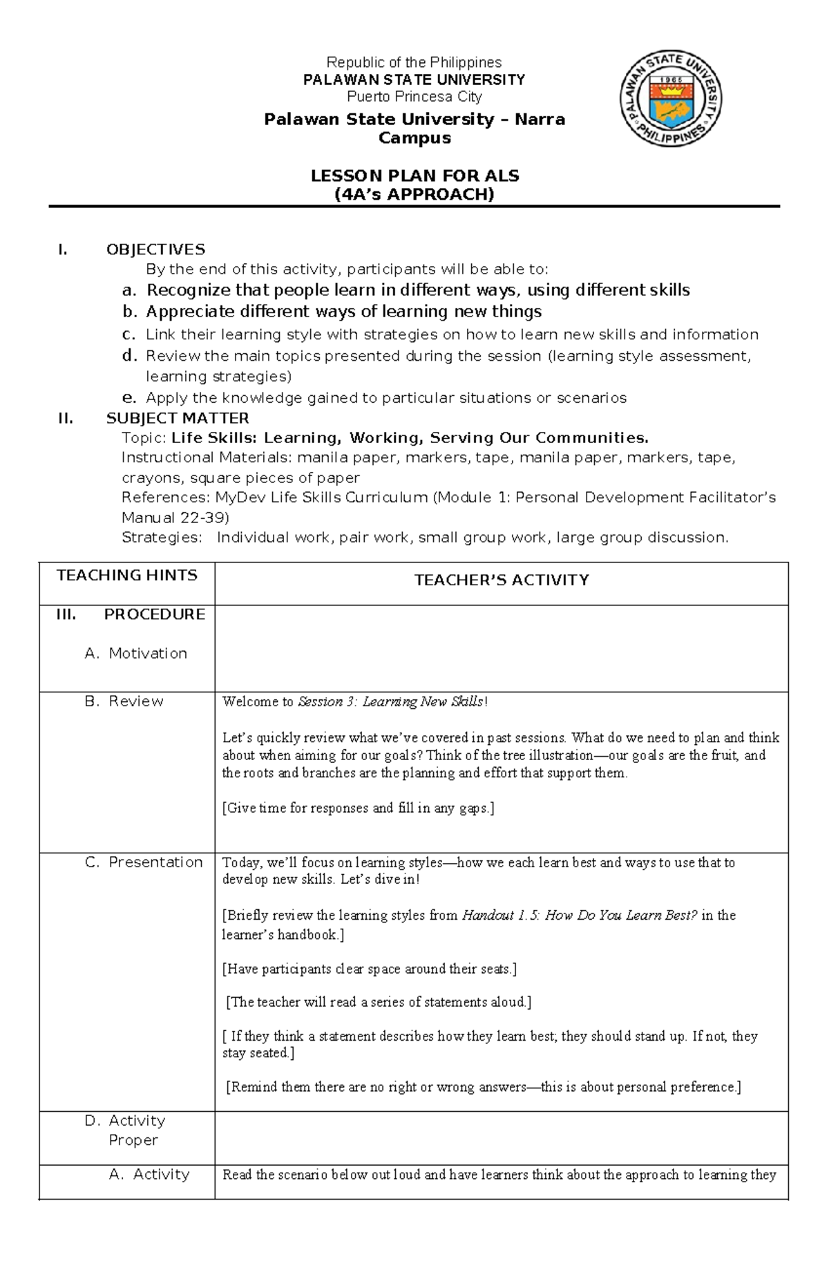 ALS Lesson Plan: Exploring Learning Styles and Strategies - Studocu