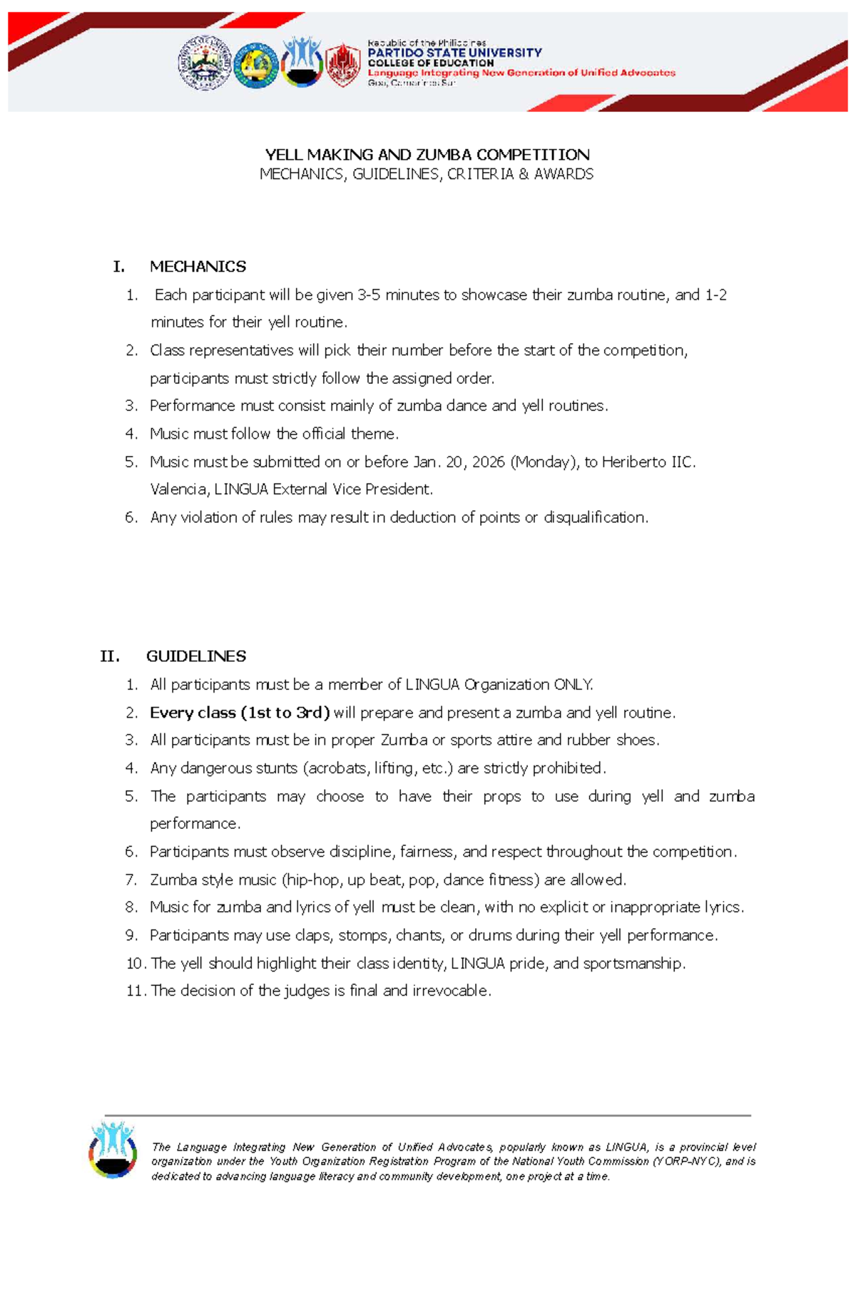 LINGUA Zumba & Yell Competition Mechanics, Guidelines & Criteria - Studocu
