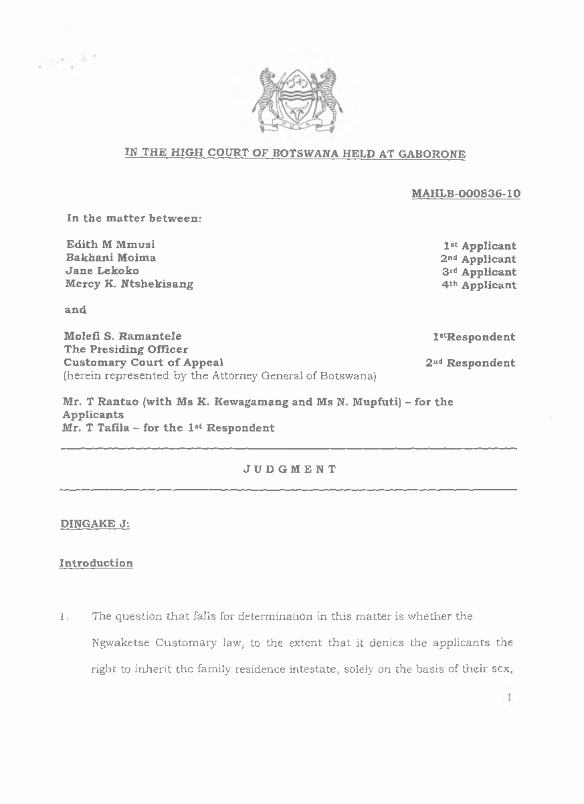 Botswana Inheritance Judgment 2012: Assessing Gender Equality Rights ...