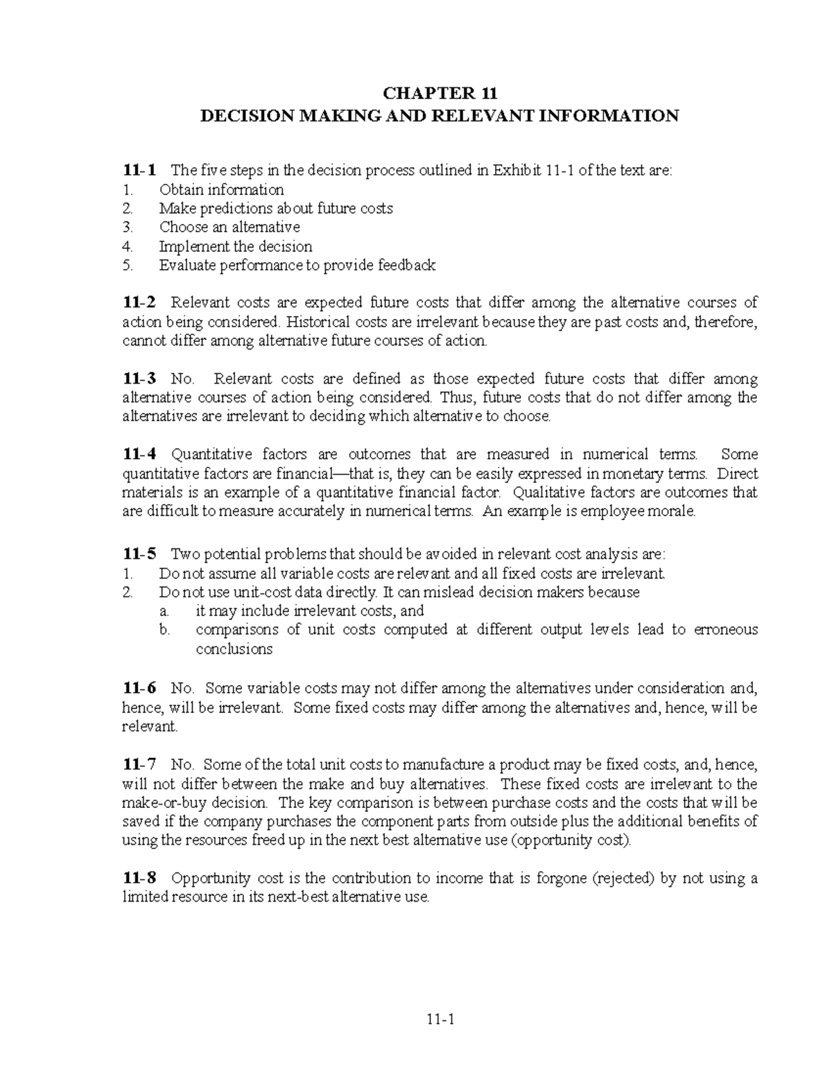 Chapter 11 Decision Making AND Relevant - CHAPTER 11 DECISION MAKING AND RELEVANT INFORMATION 11 ...
