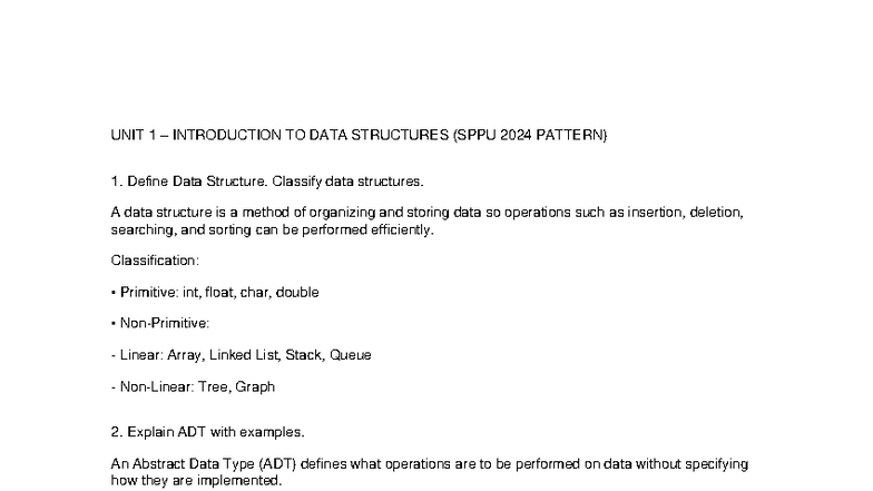 DSA Unit 1: Intro to Data Structures & Algorithms (SPPU 2024) - Studocu
