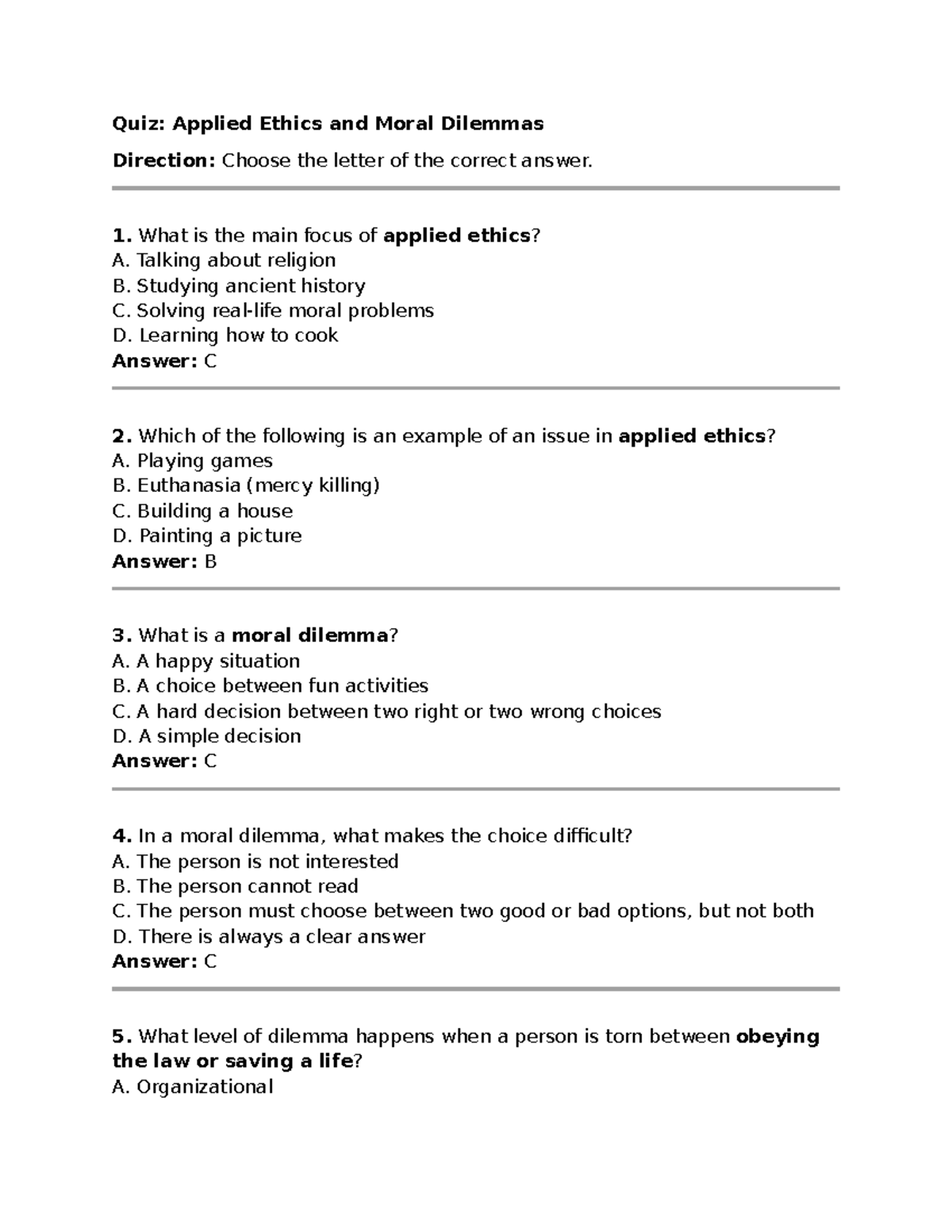 Quiz: Applied Ethics and Moral Dilemmas (PPT Etext) - Studocu