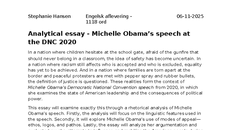 Engelsk A Analytical Essay: Rhetorical Analysis of Michelle Obama's DNC ...