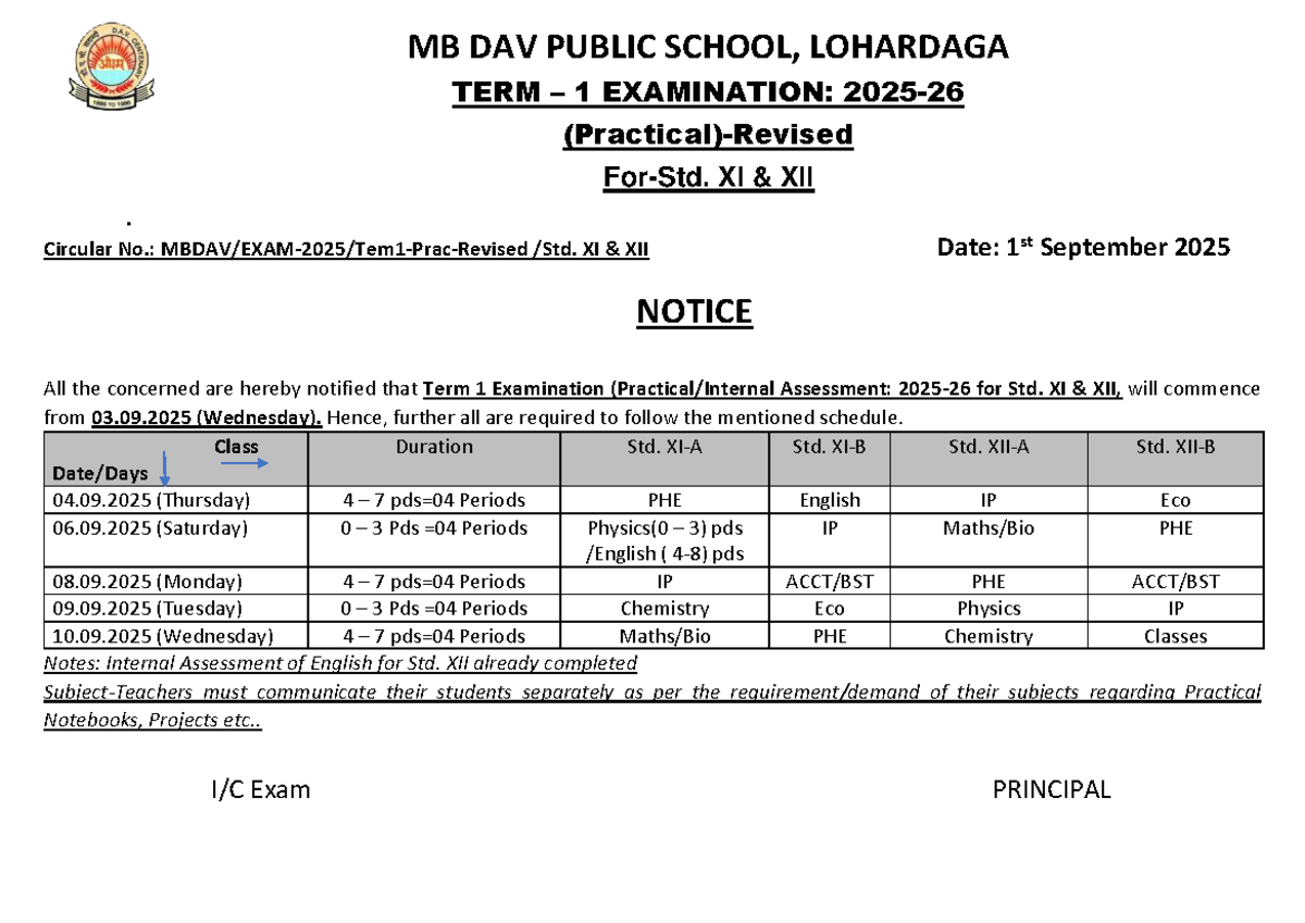 MB DAV PUBLIC SCHOOL Term 1 Exam Notice for Std XI & XII - 2025 - Studocu